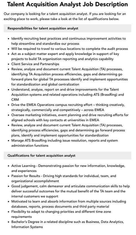 Talent Acquisition Analyst Job Description Velvet Jobs