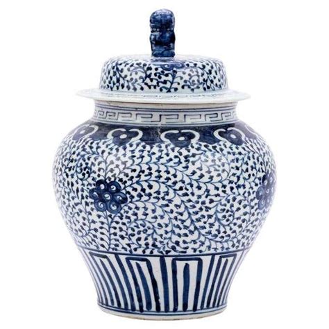 Chinese Off White And Light Blue Vine Pattern Lidded Porcelain Ginger