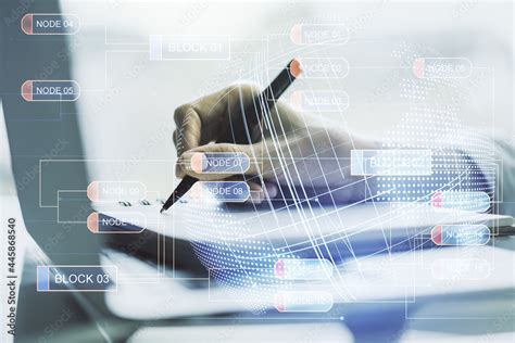 Multi Exposure Of Abstract Programming Language Hologram With World Map And Hand Writing In