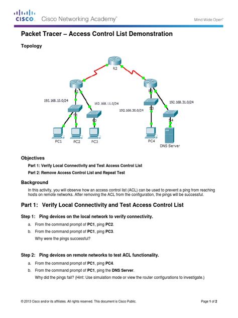9 1 1 6 Packet Tracer Acl Demonstration Instructions Pdf Internet Architecture Computer