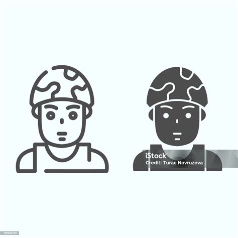 헬멧 라인과 글리프 아이콘에 군인 군사 남자 벡터 그림 흰색에 격리 육군 전투원 개요 스타일 디자인 웹 및 응용 프로그램을 위해 설계 Eps 10 10에 대한 스톡 벡터