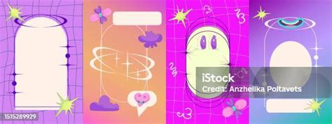 Y2k 포스터 세트 템플릿입니다 트리피 스티커와 프레임이 있는 90년대 복고풍 미학 Y2k 템플릿 트렌디 한 포스터 벡터 그림입니다 1990 1999 년에 대한 스톡 벡터