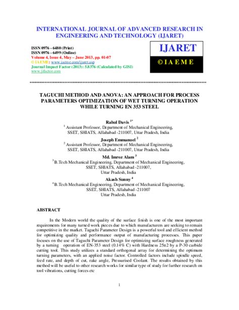 pdf taguchi method and anova an approach for process parameters 2