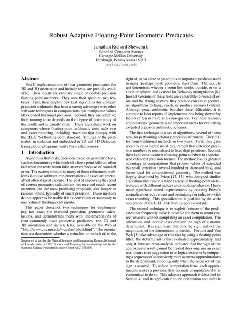 Pdf Robust Adaptive Floating Point Geometric Predicates