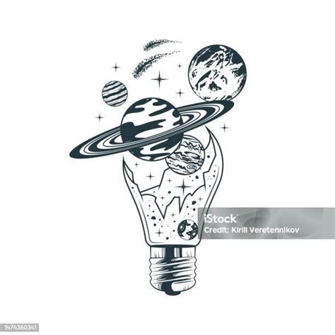 행성 달 별 및 깨진 전구가있는 공간 구성 손으로 그린 벡터 삽화는 인쇄 문신 인사말 카드 및 포스터를 위해 흰색으로 격리되어 있습니다 새긴 이미지에 대한 스톡 벡터 아트