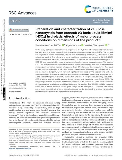 Pdf Preparation And Characterization Of Cellulose Nanocrystals From Corncob Via Ionic Liquid