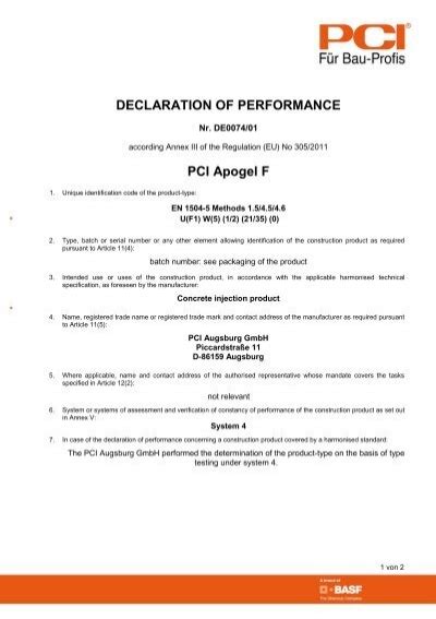 Declaration Of Performance Pci Apogel F Basf