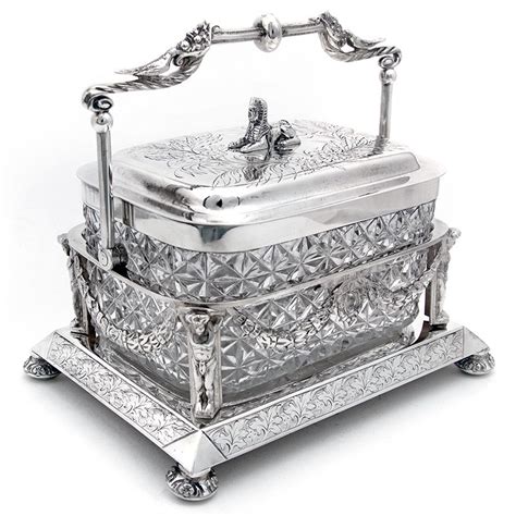 Victorian Cut Glass And Silver Plate Biscuit Box With A Sphinx Finial