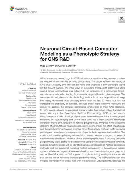 Pdf Neuronal Circuit Based Computer Modeling As A Phenotypic Strategy