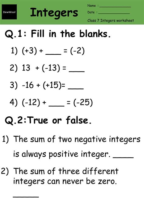 Integers Worksheets Grade 7