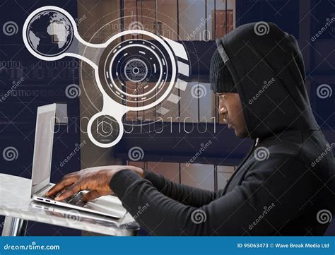 Side View Of Hacker Using A Laptop On A Table In Front Of Digital Background Stock Image Image