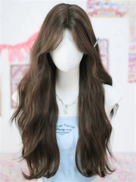 Brown 65cm Waist Length Wavy Wig With Curtain Bangs