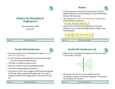 lecture slides on double slit interference phy 184 docsity