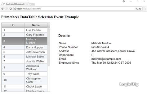 Primefaces Datatable Selection Event Example