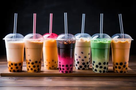 Premium Ai Image Plastic Cups Of Different Tasty Bubble Tea Row Of