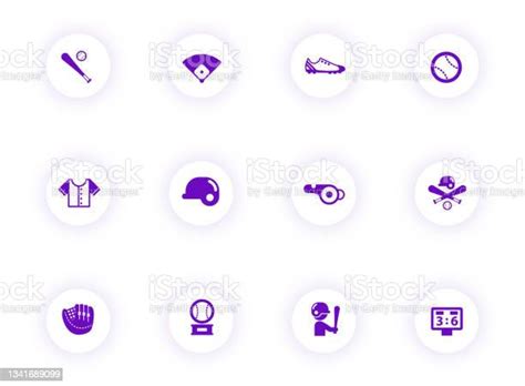 보라색 그림자가있는 밝은 둥근 버튼에 야구 보라색 색상 벡터 아이콘 웹 모바일 앱 Ui 디자인 및 인쇄를 위한 야구 아이콘 세트 Championship에 대한 스톡 벡터