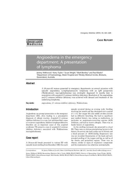 Pdf Angioedema In The Emergency Department A Presentation Of Lymphoma