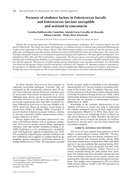 Pdf Presence Of Virulence Factors In Enterococcus Faecalis And Enterococcus Faecium