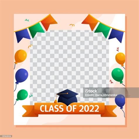 학생 사진을위한 빈 공간이있는 졸업 광장 소셜 미디어 템플릿 모자 리본 화려한 화환 및 풍선이있는 벡터 레이아웃 인사말 디자인 갈란드 장식품에 대한 스톡 벡터 아트 및 기타
