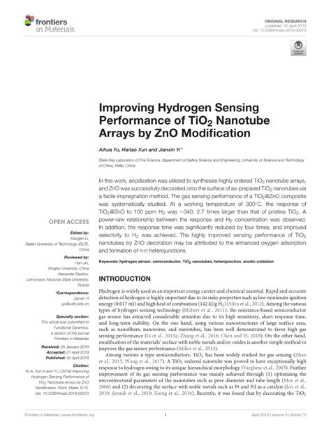 Pdf Improving Hydrogen Sensing Performance Of Tio2 Nanotube Arrays By