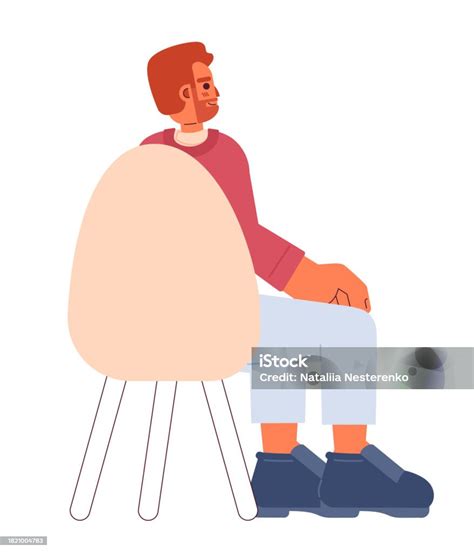 턱수염을 기른 유럽 남자가 의자 뒷모습 2d 만화 캐릭터에 앉아 있습니다 백인 남자 밀레니엄 기업가 고립 벡터 사람 흰색 배경 세미나 참석자 컬러 플랫 스폿 일러스트레이션