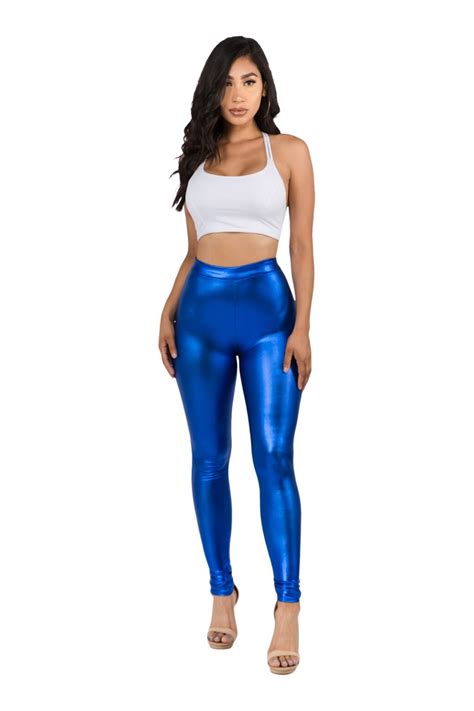 Royal Blue High Waist Metallic Faux Leather Leggings 2chique Boutique