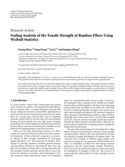 Scaling Analysis Of The Tensile Strength Of Bamboo Fibers Using Weibull