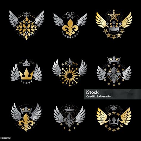 로얄 기호 릴리 꽃 엠 블 럼 설정합니다 전 령 벡터 디자인 요소 컬렉션입니다 레트로 스타일 레이블 문장 학입니다 0명에 대한 스톡 벡터 아트 및 기타 이미지 Istock