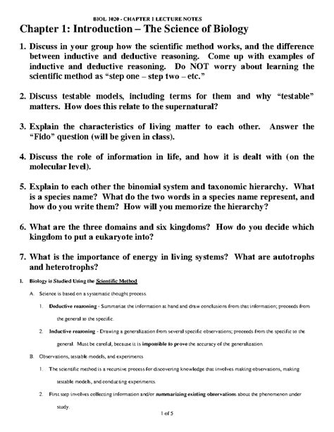 First Week Lecture Notes Biology 101 Chapter 1 Introduction The Science Of Biology 1