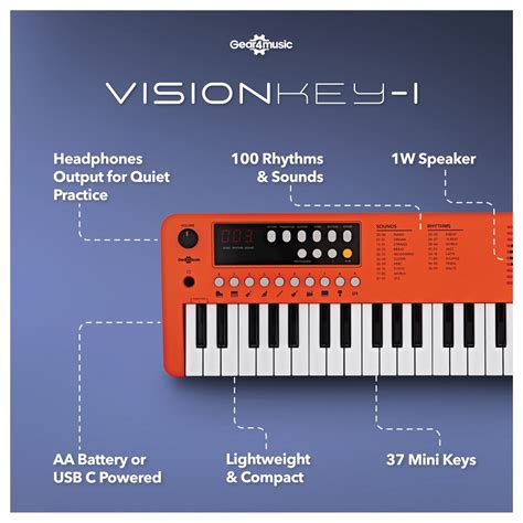 VISIONKEY 1 Bärbar Minikeyboard med 37 Tangenter och Hörlurar Orange Gear4music