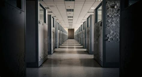 Eerie Perspective Of A Long Dark Abandoned Office Cubicle Hallway With