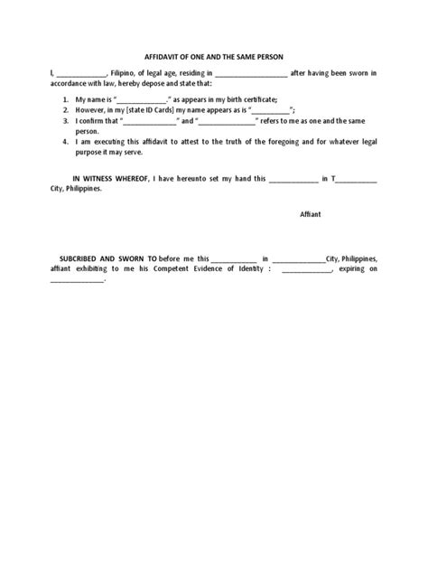 Affidavit Of One And The Same Person Form Example Download