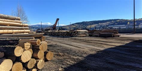 Lumber Yard With Stacked Logs And Heavy Machinery In Mountainous