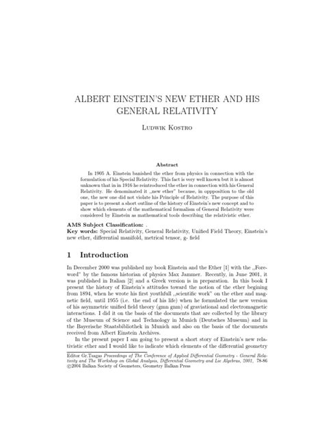 Ludwik Kostro Albert Einsteins New Ether And His General Relativity Pdf General