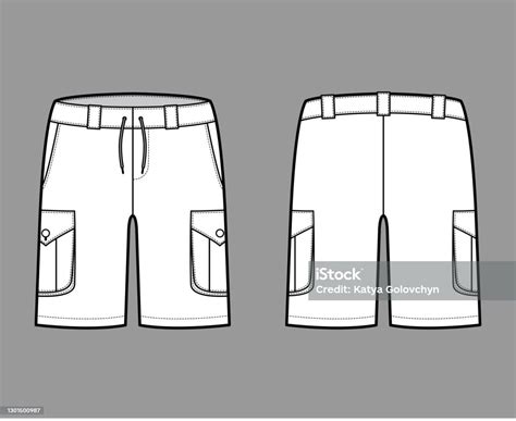 허벅지 길이 낮은 허리 상승 슬래시 벨로우즈 포켓이 있는 짧은 카고 테크니컬 패션 일러스트 플랫 버뮤다 화물 컨테이너에 대한 스톡 벡터 아트 및 기타 이미지 Istock