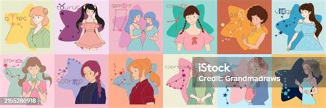 조디악 표지판 형태의 여성 점성술 표지판 별자리 단어 및 별 손으로 그린 평면 만화 캐릭터 벡터 일러스트 별자리에 대한 스톡