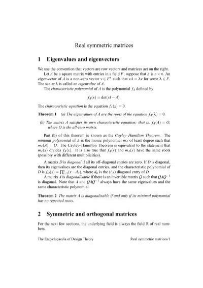 Real Symmetric Matrices 1 Eigenvalues And Eigenvectors 2