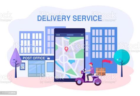 우편 배달 서비스 오토바이의 우편 직원이 소포와 서신을 배달하고 전자 기기를 이용한 지리적 위치의 결정 개념에 대한 스톡 벡터 아트 및 기타 이미지 Istock