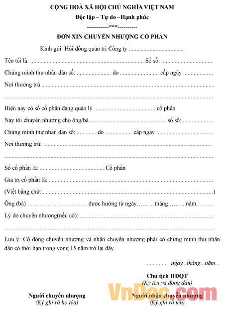 Mẫu đơn xin chuyển nhượng cổ phần Đơn xin chuyển nhượng cổ phần