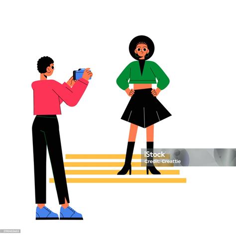 전문 사진 사진 촬영 및 패션 모델링을 상징하는 평면 벡터 일러스트 레이 션에서 단계에서 포즈를 취하는 여성 모델의 사진을 찍는 사진 작가 흰색 배경에 고립 된 만화에 대한