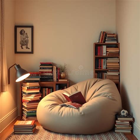 A Cozy Reading Corner With A Soft Bean Bag Books Stacked Around It And