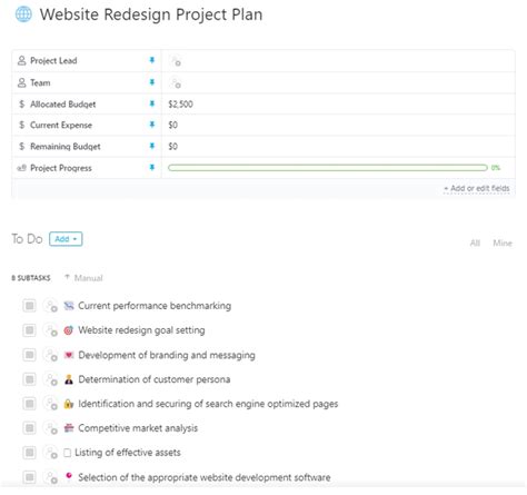 website redesign project plan template by clickup™