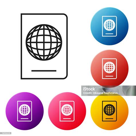 흰색 배경에 격리 된 생체 인식 데이터 아이콘이있는 검은 색 선 여권 식별 문서 아이콘 다채로운 원 버튼을 설정합니다 벡터