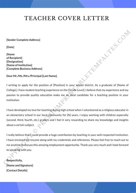 Teacher Cover Letter Printable Sample With Examples