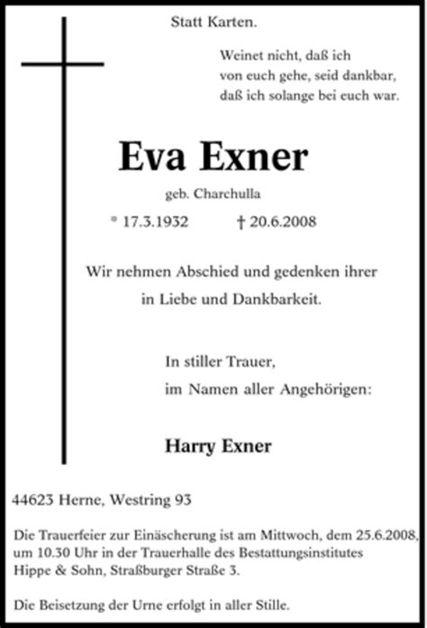 Traueranzeigen Von Eva Exner Trauer In Nrw De