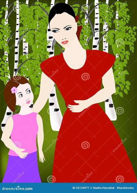 Mutter Mit Ihrer Tochter Im Wald Vektor Abbildung Illustration Von Birke Erzeugung