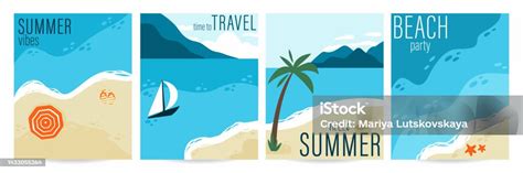 안녕하세요 여름 포스터 세트 손바닥이있는 해변 모래 산과 바다 낙원 풍경 텍스트가있는 여름 휴가 카드 여행 배경 열대 리조트 배너 벡터 해변 일러스트 레이 션 포스터에 대한