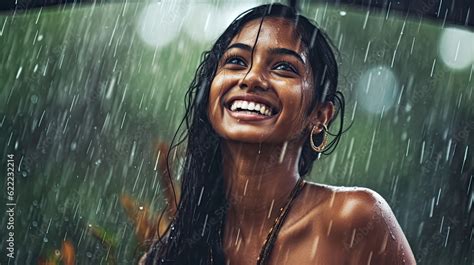 Happy Beautiful Indian Girl Under Tropical Rain Wet Hair And Shirt