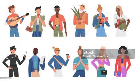 캐주얼 사람들은 다른 인종 직업 또는 연령의 다양한 다인종 캐릭터 세트를 만화 사람들에 대한 스톡 벡터 아트 및 기타 이미지