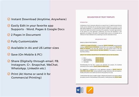 Declaration Of Trust Template In Word Google Docs Apple Pages